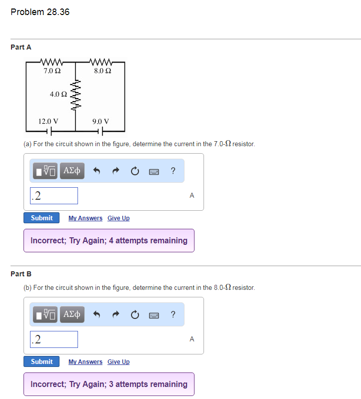 Solved Problem 28.36 Part A 7.0 Ω 8.0 Ω 4.0 Ω 12.0 V 9.0 V | Chegg.com