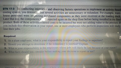 Solved In conducting interviews and observing factory | Chegg.com