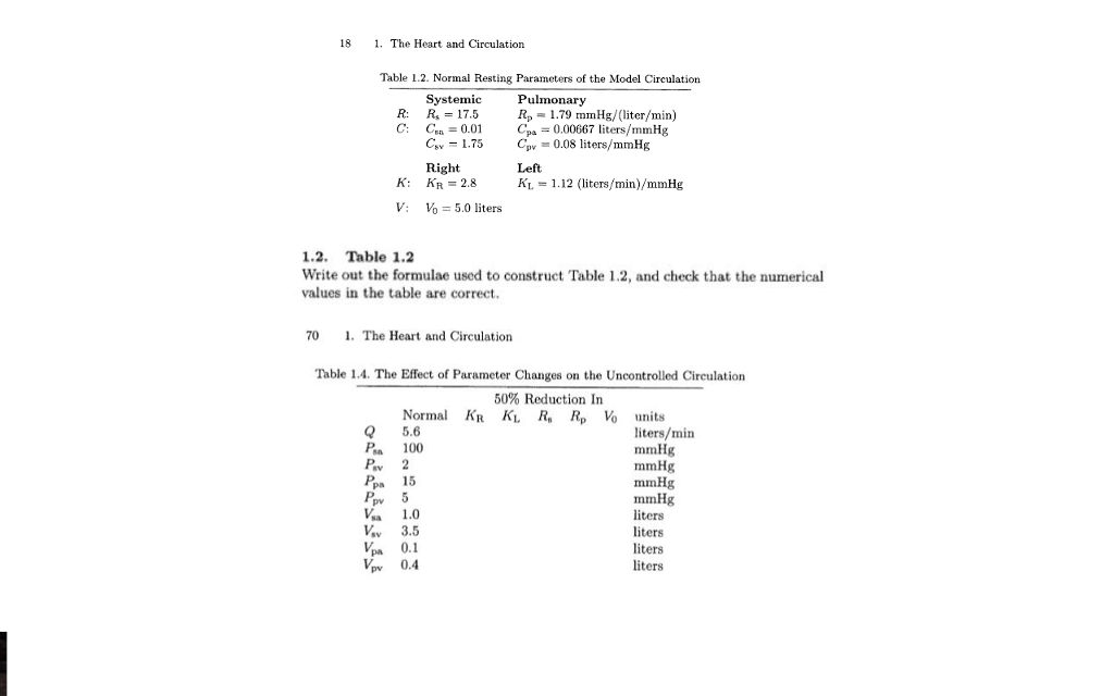 18 1. The Heart and Circulation Table 1.2. Normal | Chegg.com