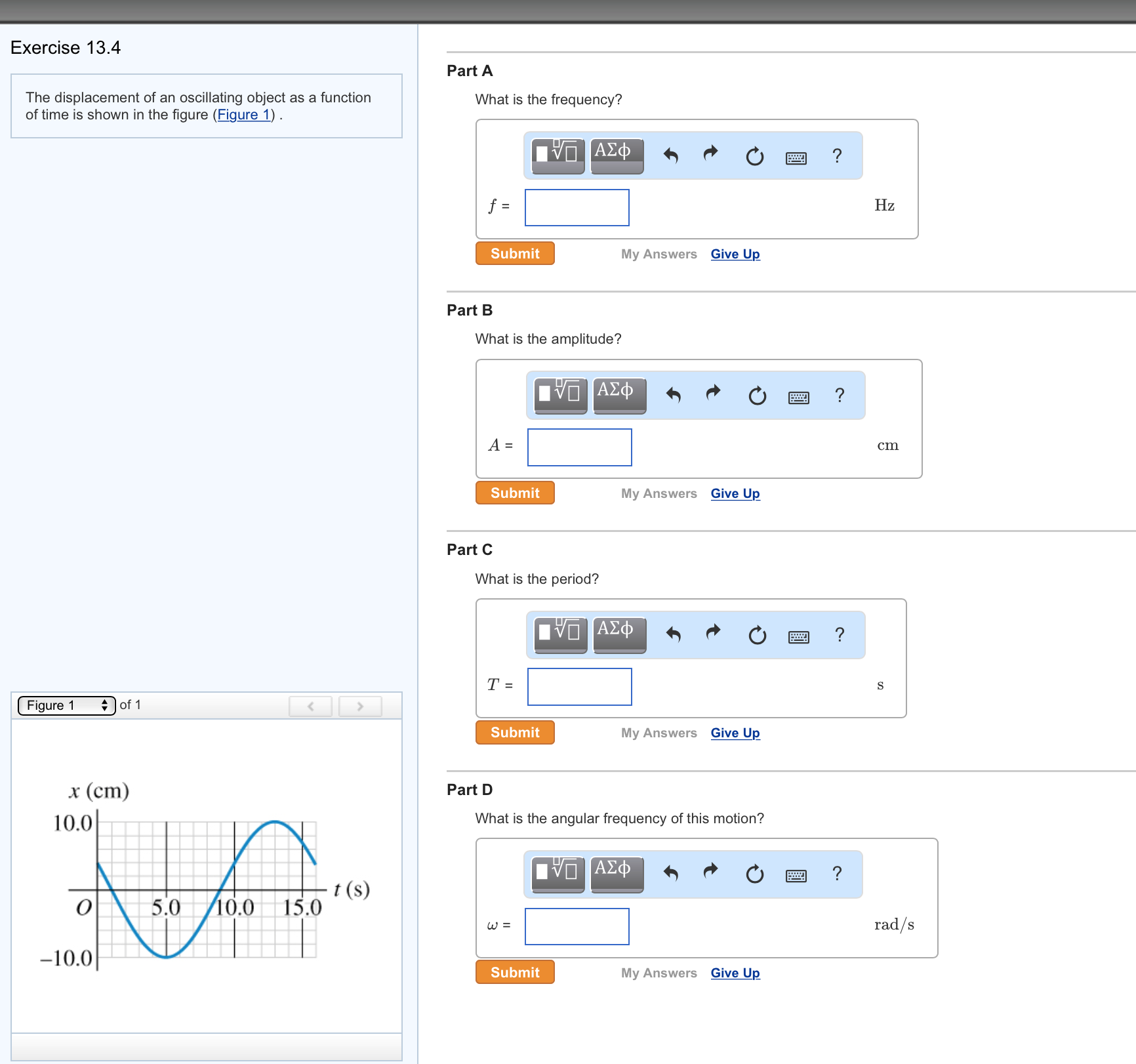 Solved The displacement of an oscillating object as a | Chegg.com
