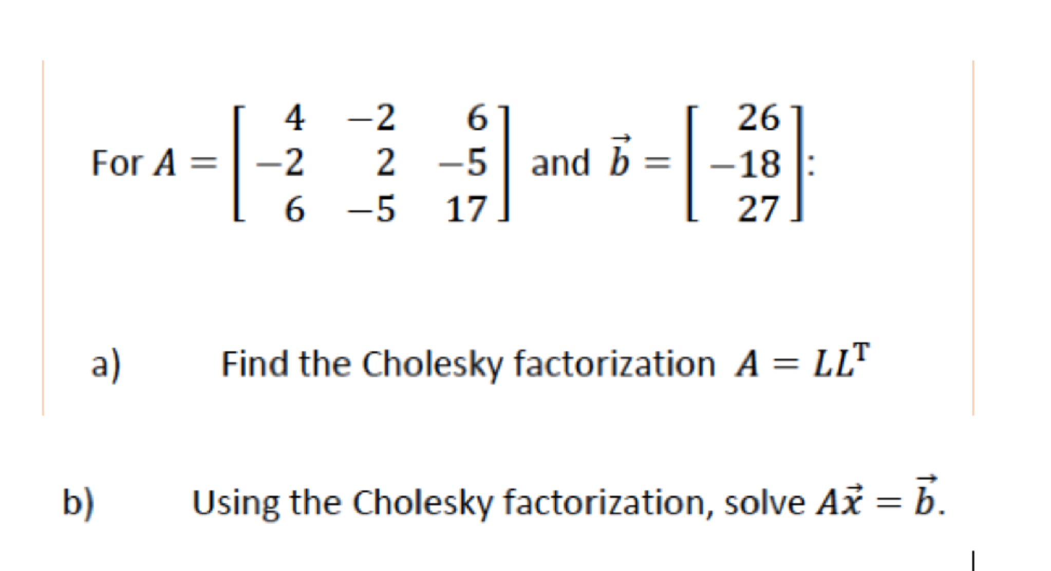 Solved For A = [4 -2 6 -2 2 -5 6 -5 17] and b = [26 -18 | Chegg.com