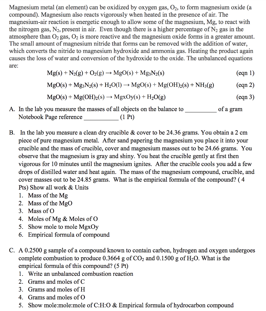 Solved Magnesium metal (an element) can be oxidized by | Chegg.com
