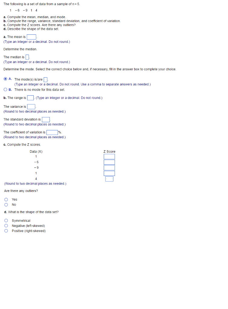 Solved The following is a set of data from a sample of n = | Chegg.com