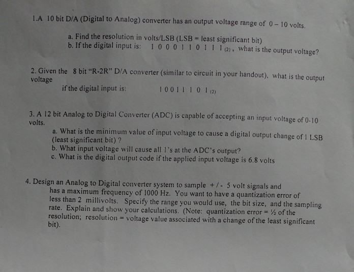 Solved L.A 10 bit D/A (Digital to Analog) converter has an | Chegg.com