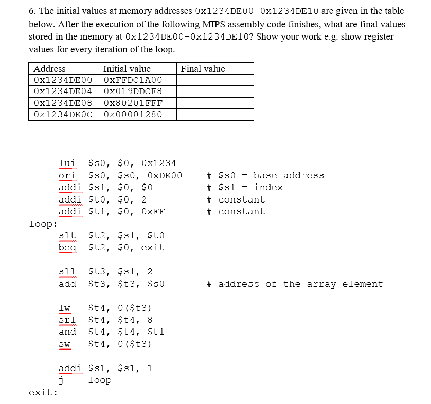 Solved 6. The initial values at memory addresses | Chegg.com