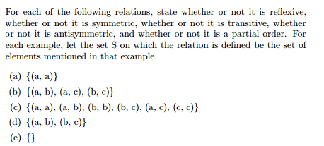 Solved For each of the following relations, state whether or | Chegg.com