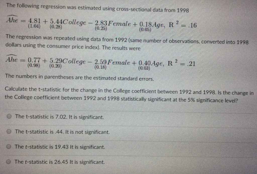 Solved The following regression was estimated using | Chegg.com