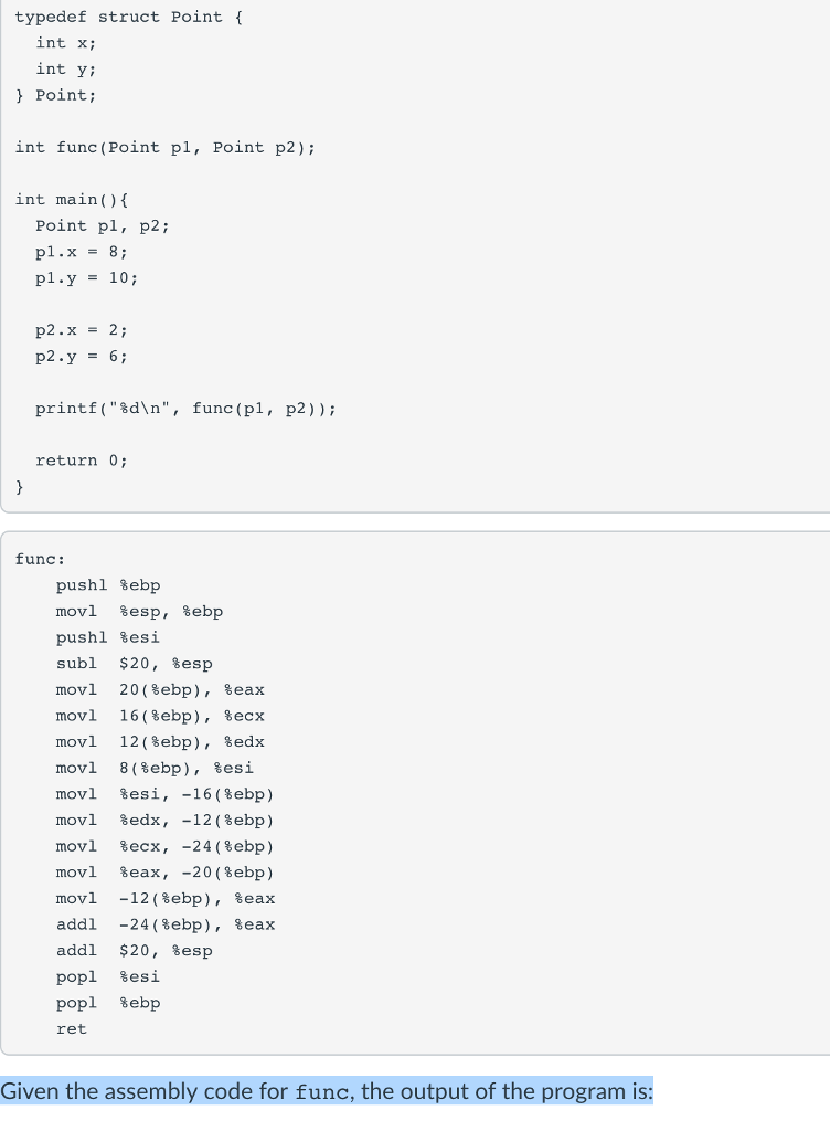 typedef struct Point int x; int y; y Point; int func | Chegg.com