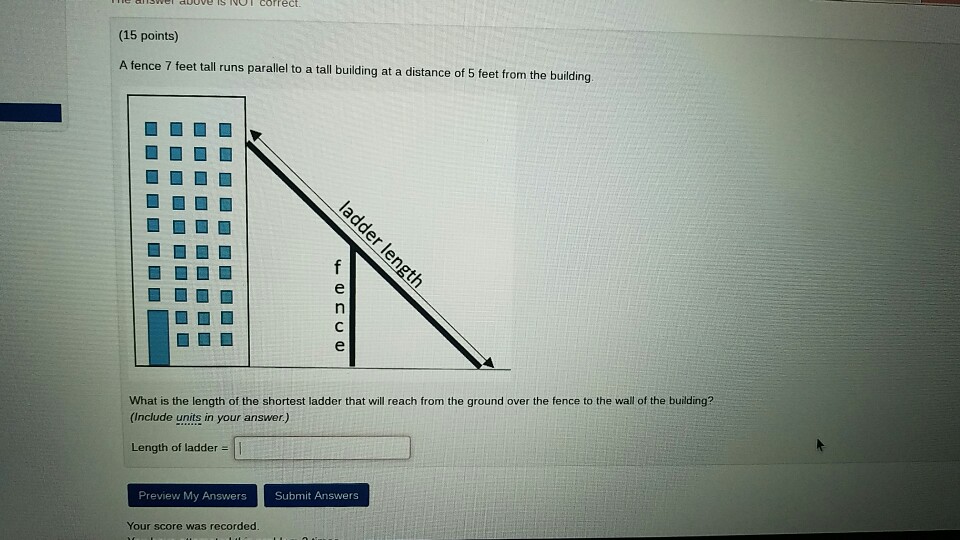 Solved (15 points) A fence 7 feet tall runs parallel to a | Chegg.com