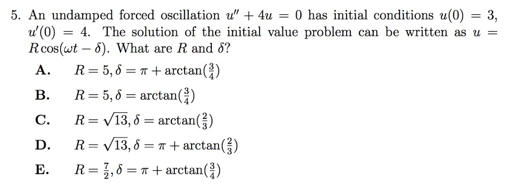 Solved 5. An undamped forced oscillation " 4u0 has initial | Chegg.com