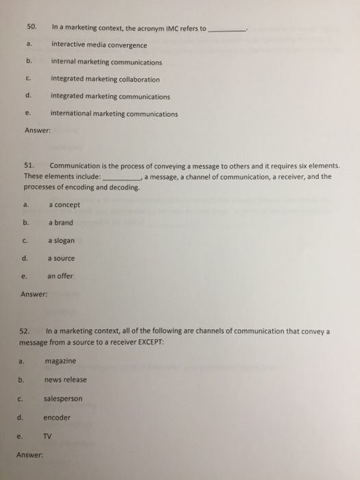 Solved In a marketing context, the acronym IMC refers to a. | Chegg.com