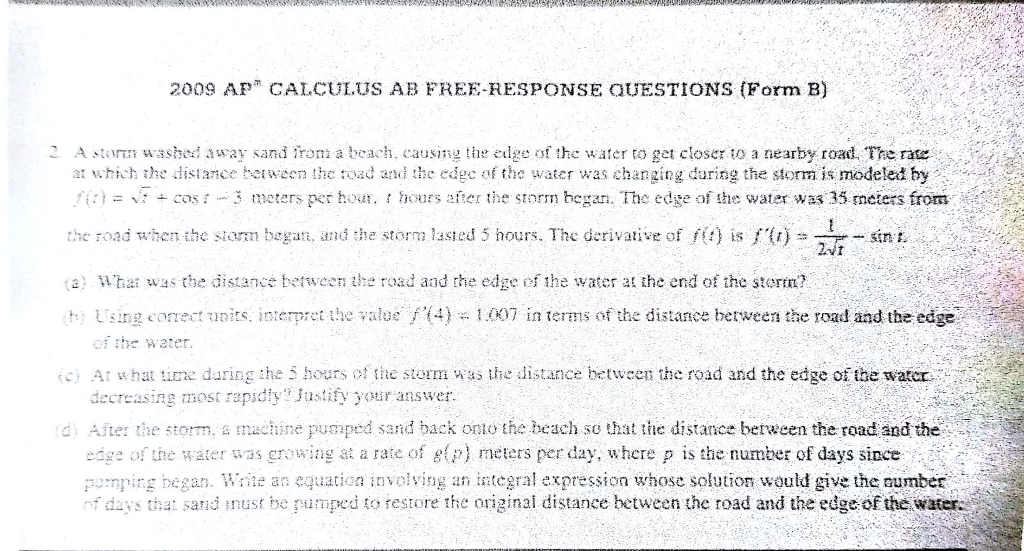 Solved 2009 AFCALCULUS AB FREE-RESPONSE QUESTIONS (Form B) 2 | Chegg.com