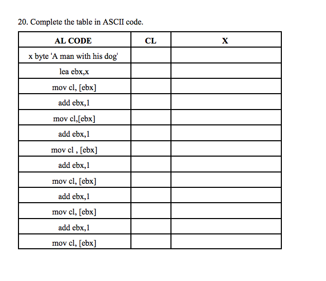 Solved 20. Complete the table in ASCII code. 18. complete | Chegg.com
