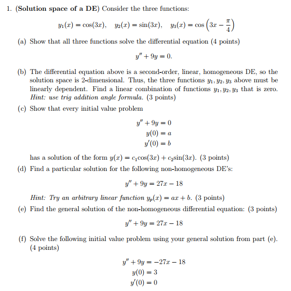 Solved 1. (Solution space of a DE) Consider the three | Chegg.com