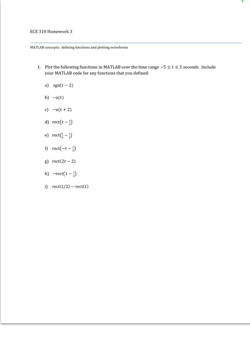 Solved ECE 310 Homework 3 MATLAB concepts: defining | Chegg.com