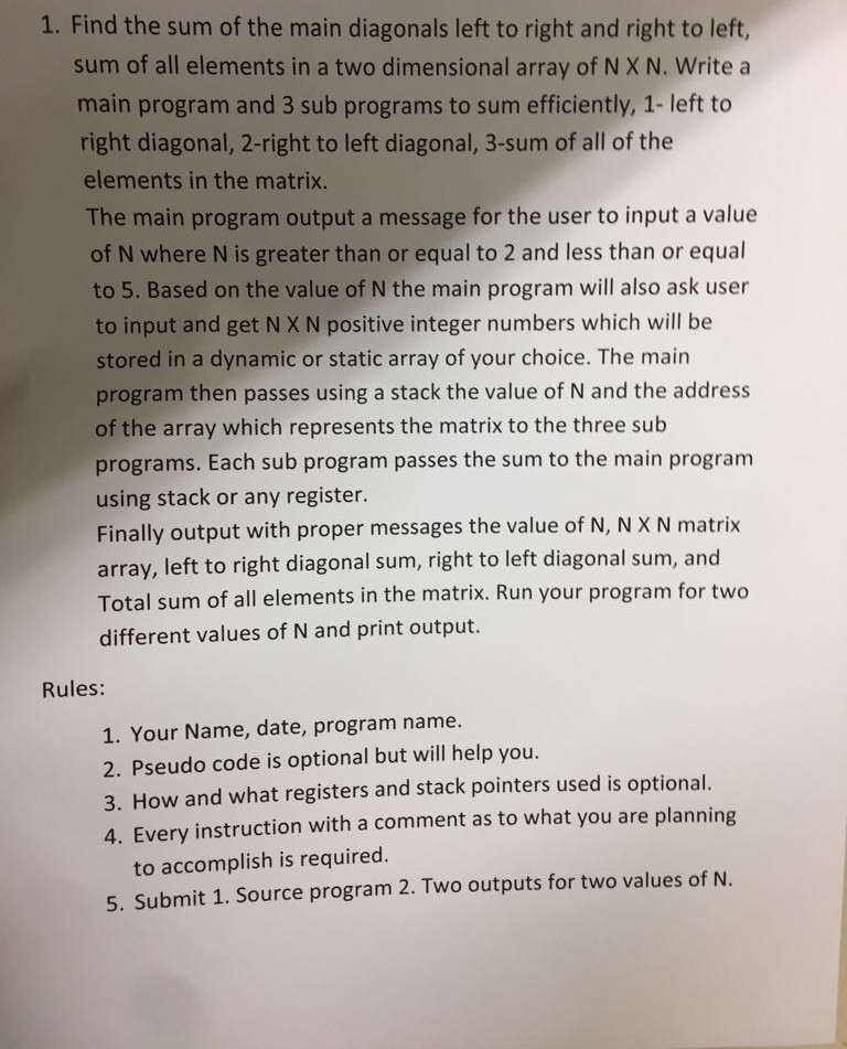 Solved 1. Find the sum of the main diagonals left to right | Chegg.com