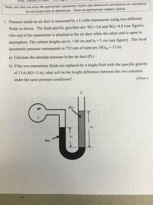 Solved Pressure inside an air duct is measured by a U-tube | Chegg.com