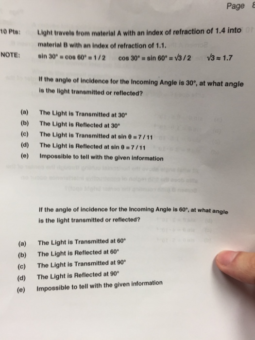 Solved Light travels from material A with an index of | Chegg.com