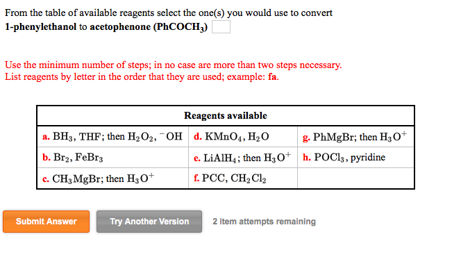 Solved From the table of available reagents select the | Chegg.com
