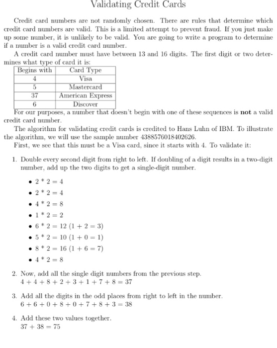 Solved Validating Credit Cards Credit card numbers are not | Chegg.com