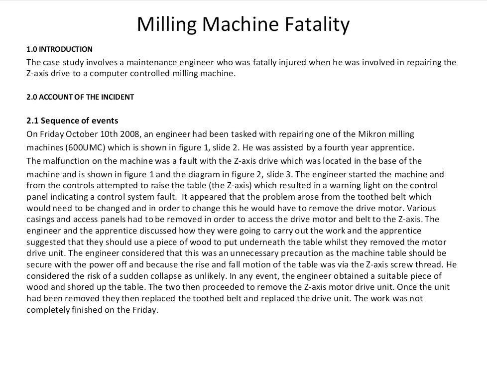 Milling Machine Fatality Fault Tree Analysis
