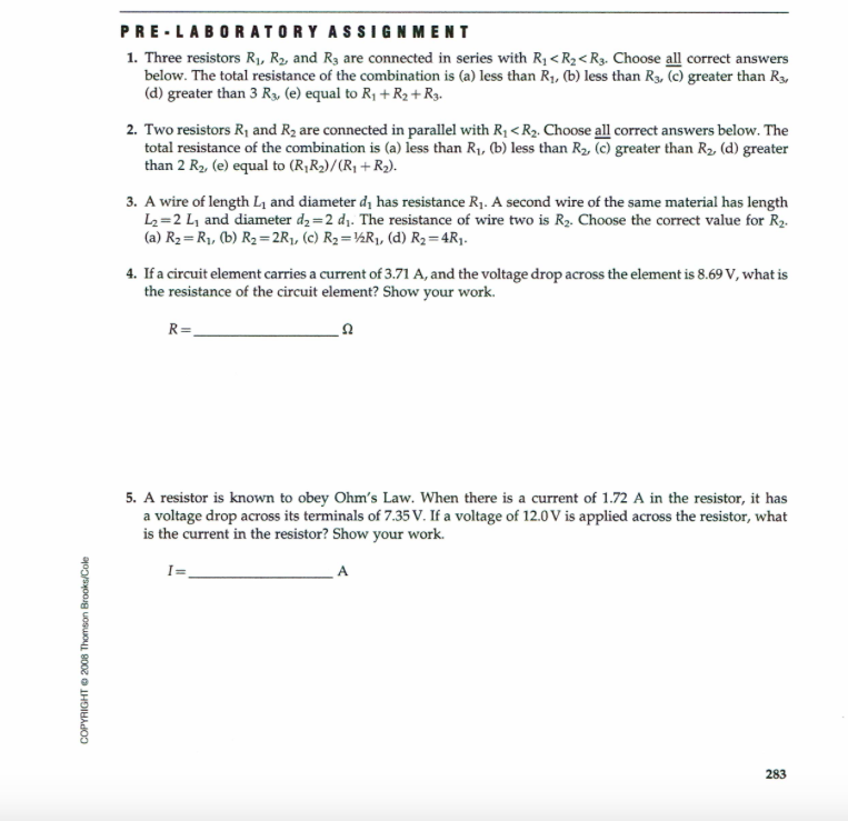 Solved PRE-LABORATORY ASSIGNMENT 1. Three resistors Ri, R2, | Chegg.com