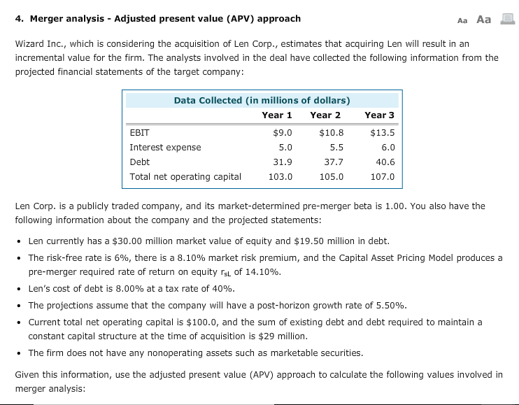 Solved 4. Merger analysis Adjusted present value (APV) | Chegg.com