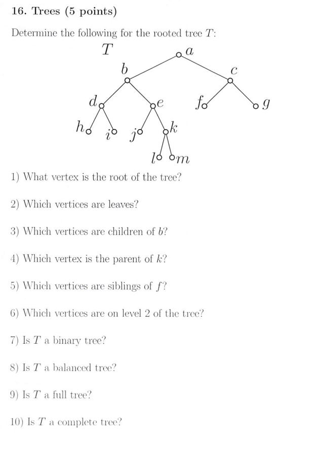 Solved 16. Trees (5 points) Determine the following for the | Chegg.com