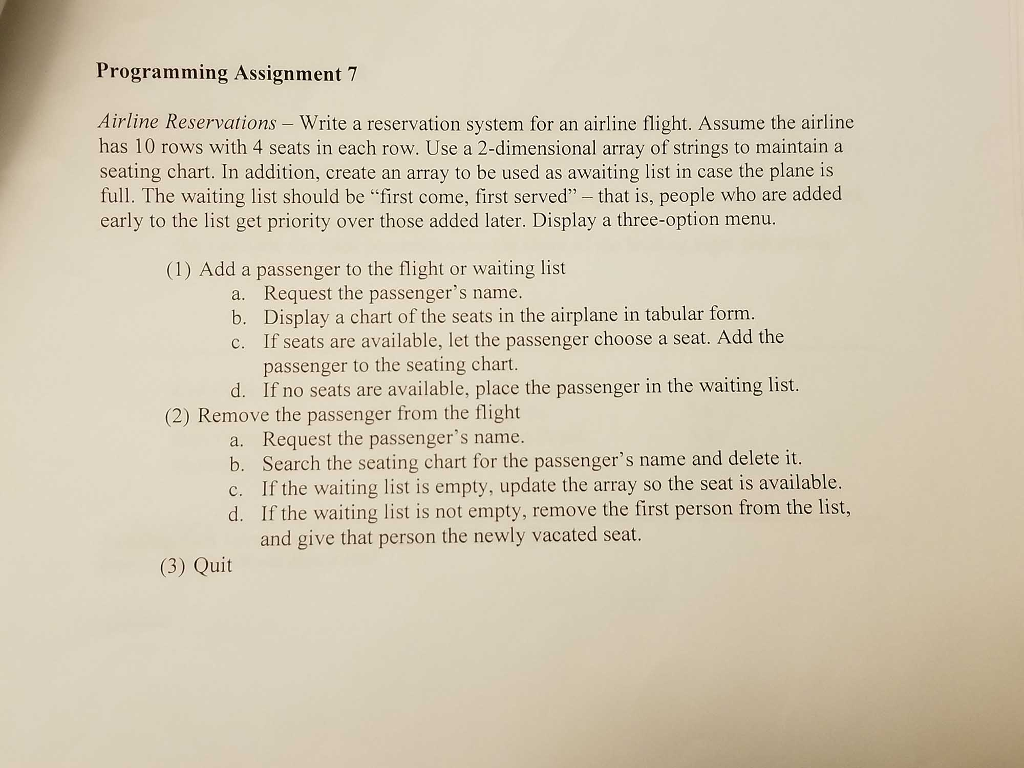 Solved Programming Assignment 7 Airline Reservations - Write | Chegg.com