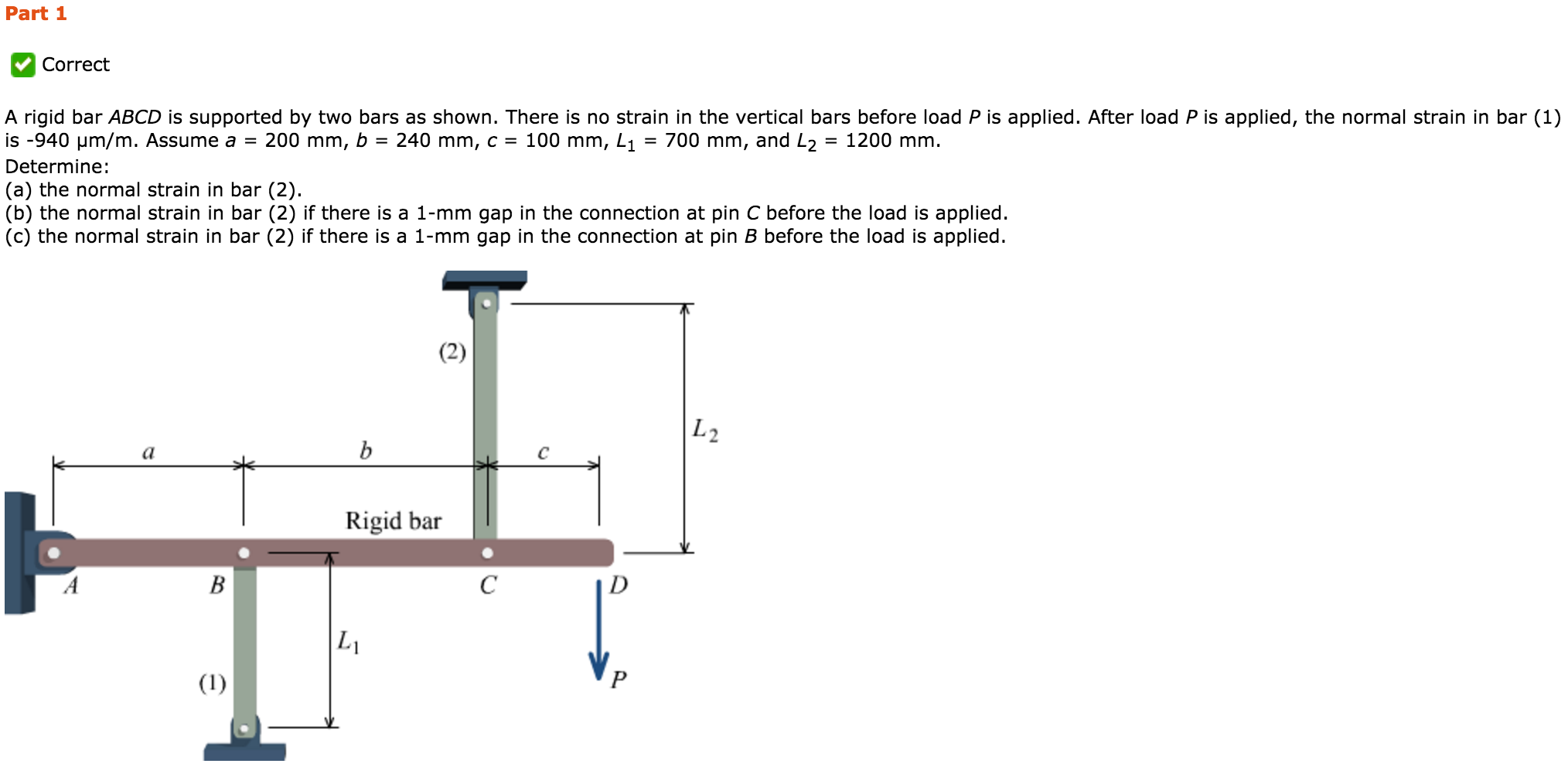 Solved Part 1 Correct A rigid bar ABCD is supported by two | Chegg.com