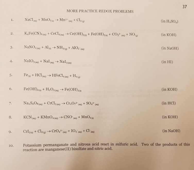 Solved 37 MORE PRACTICE REDOX PROBLEMS NaCI(aa) + MInd), (s) | Chegg.com