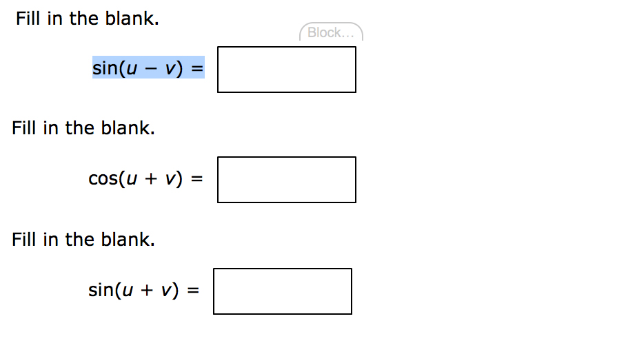 Solved Fill in the blank. sin(u v) Fill in the blank. coscu | Chegg.com