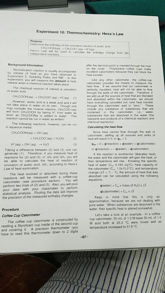 Solved Experiment 10: Thermochemistry: Hess's Law termine | Chegg.com