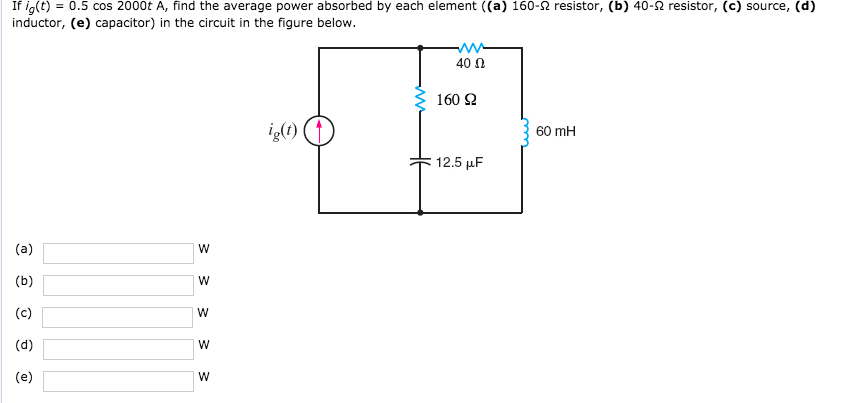 Solved | If ig(t) = 0.5 cos 2000t A, find the average power | Chegg.com