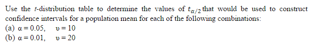 Solved Use the t-distribution table to determine the values | Chegg.com