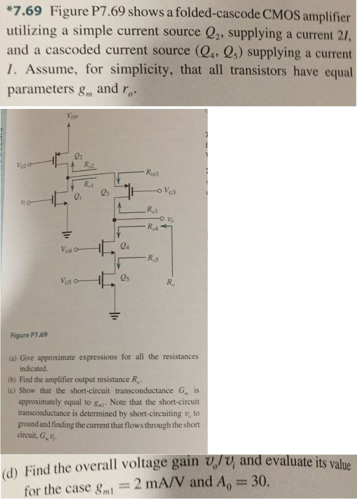 Solved Figure P7.69 shows a folded-cascode CMOS amplifier | Chegg.com
