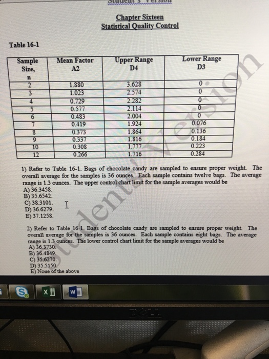 Solved Chapter Sixteen Statistical Quality Control Table | Chegg.com