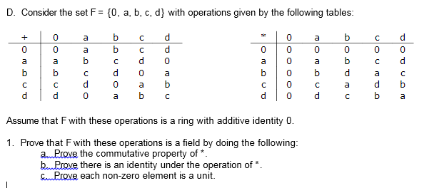 Solved D. Consider the set F = {0, a, b, c, d} with | Chegg.com