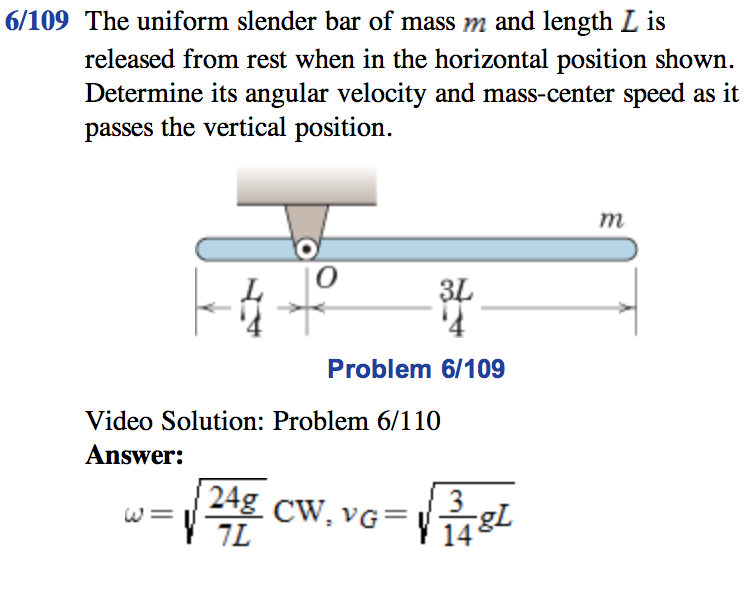 Solved The uniform slender bar of mass m and length L is | Chegg.com Solved The uniform slender bar of mass m and length L is | Chegg.com