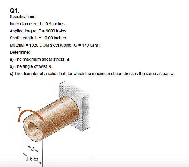 Solved Specifications: Inner diameter, d = 0.9 inches | Chegg.com