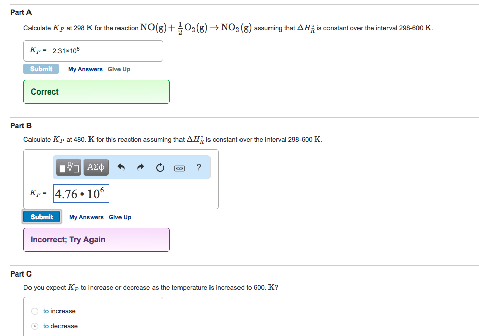 Solved Part A Calculate Kp at 298 K for the reaction NO(g) + | Chegg.com