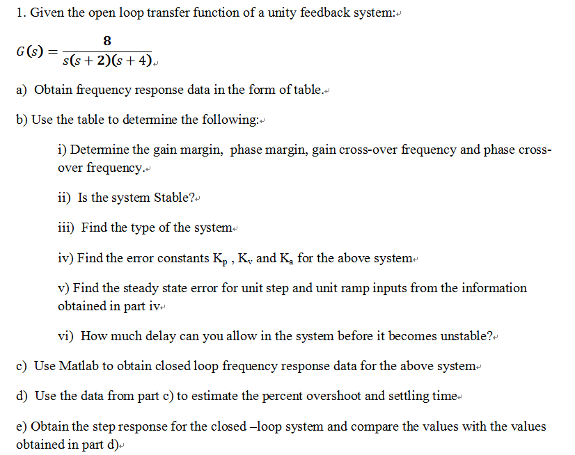 Solved Given the open loop transfer function of a unity | Chegg.com