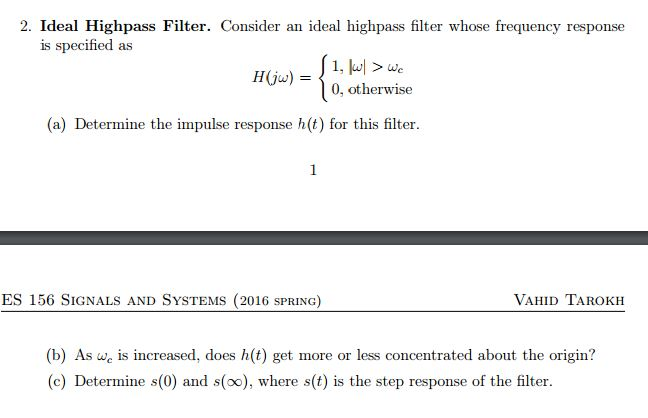 Solved Consider an ideal highpass filter whose frequency | Chegg.com