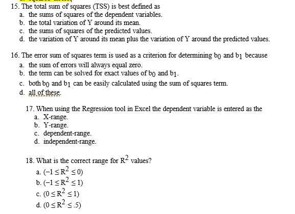 Solved 15. The total sum of squares (TSS) is best defined as | Chegg.com