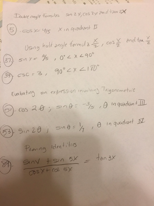 Solved Double angle formulas using half angle formula | Chegg.com