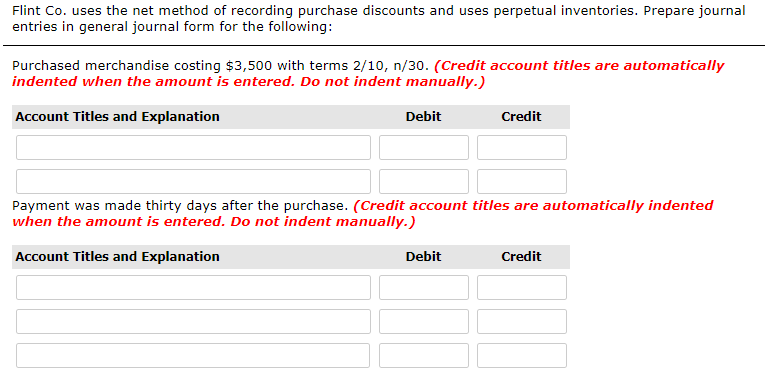 Solved Flint Co. uses the net method of recording purchase | Chegg.com