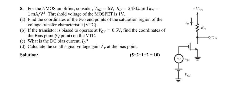 Solved For the NMOS amplifer, consider, VDD=5V, RD=24k, | Chegg.com