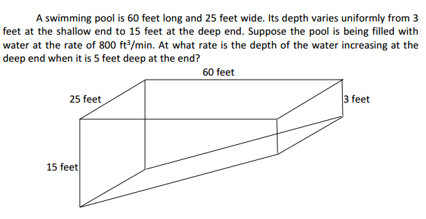 Solved A swimming pool is 60 feet long and 25 feet wide. Its | Chegg.com