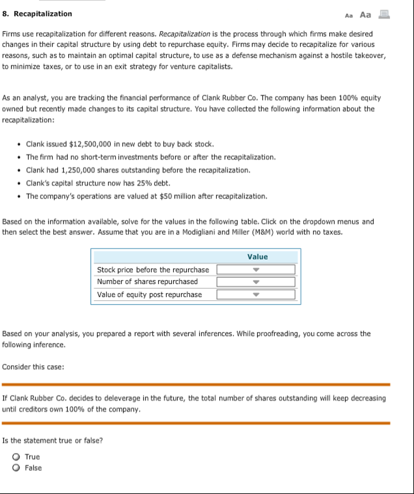 Solved Firms use recapitalization for different reasons. | Chegg.com