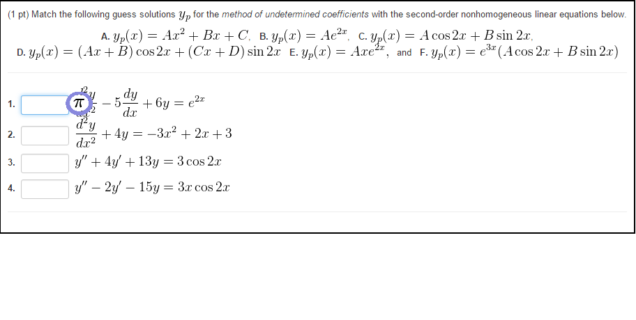 Solved (1 pt) Match the following guess solutions yp for the | Chegg.com
